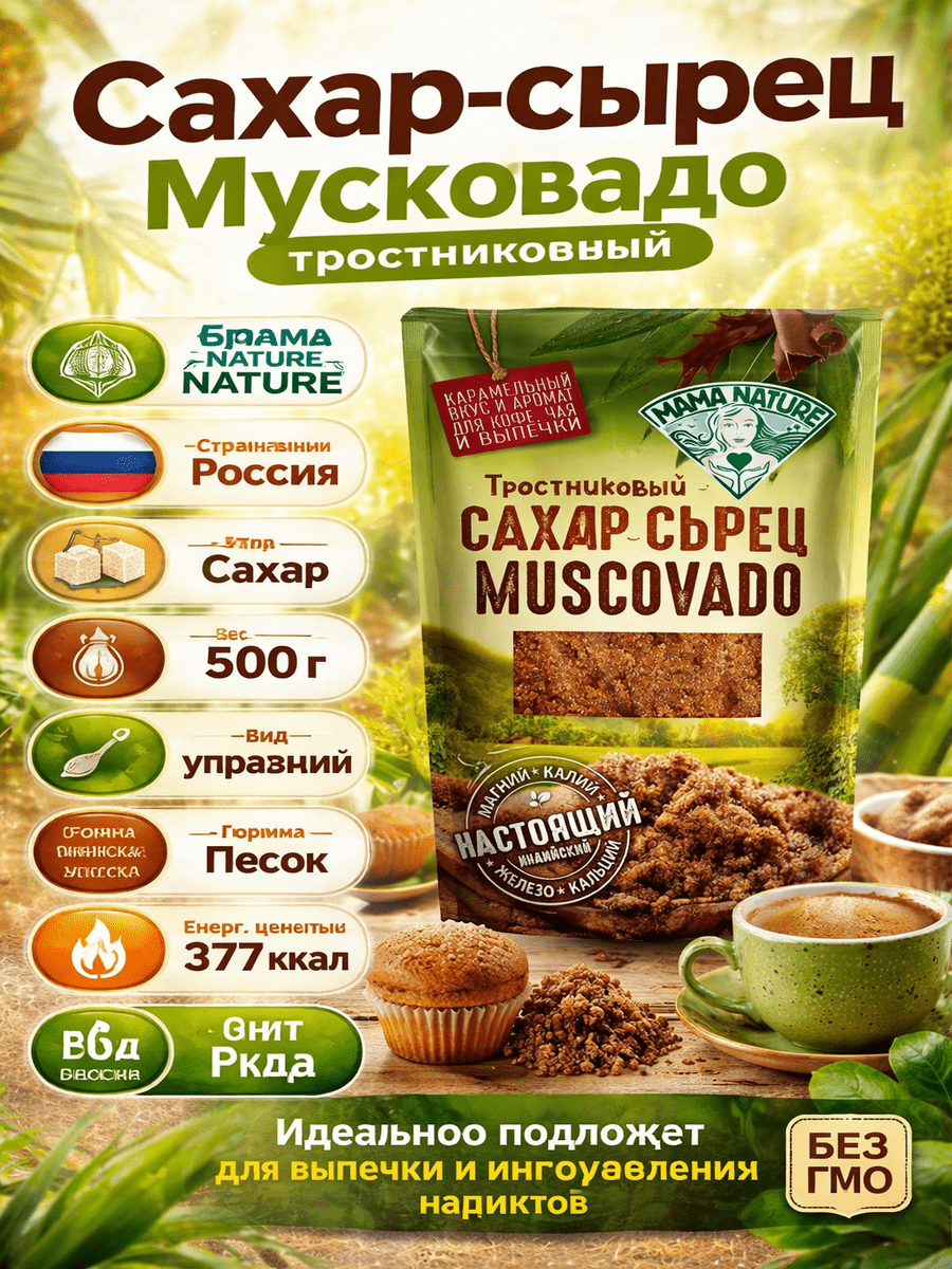 Сахар-сырец Mama Nature Мусковадо тростниковый, 500г