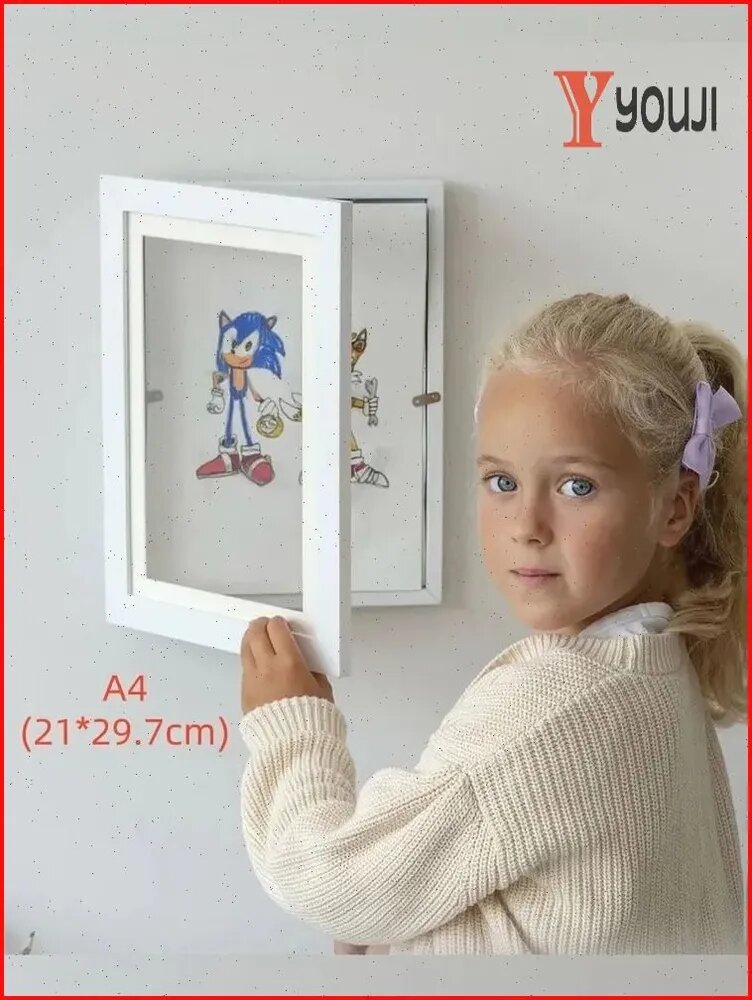 Фоторамка для детского рисунка А4, белая, для девочки, 150 фото, оргалит, прямоугольная