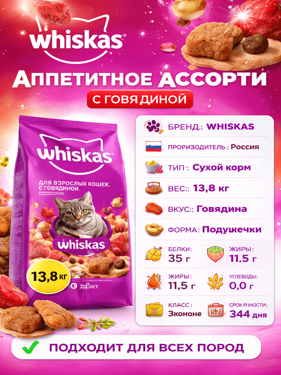 Корм сухой Whiskas Аппетитное ассорти Вкусные подушечки для взрослых кошек с нежным паштетом с говядиной, 13.8кг