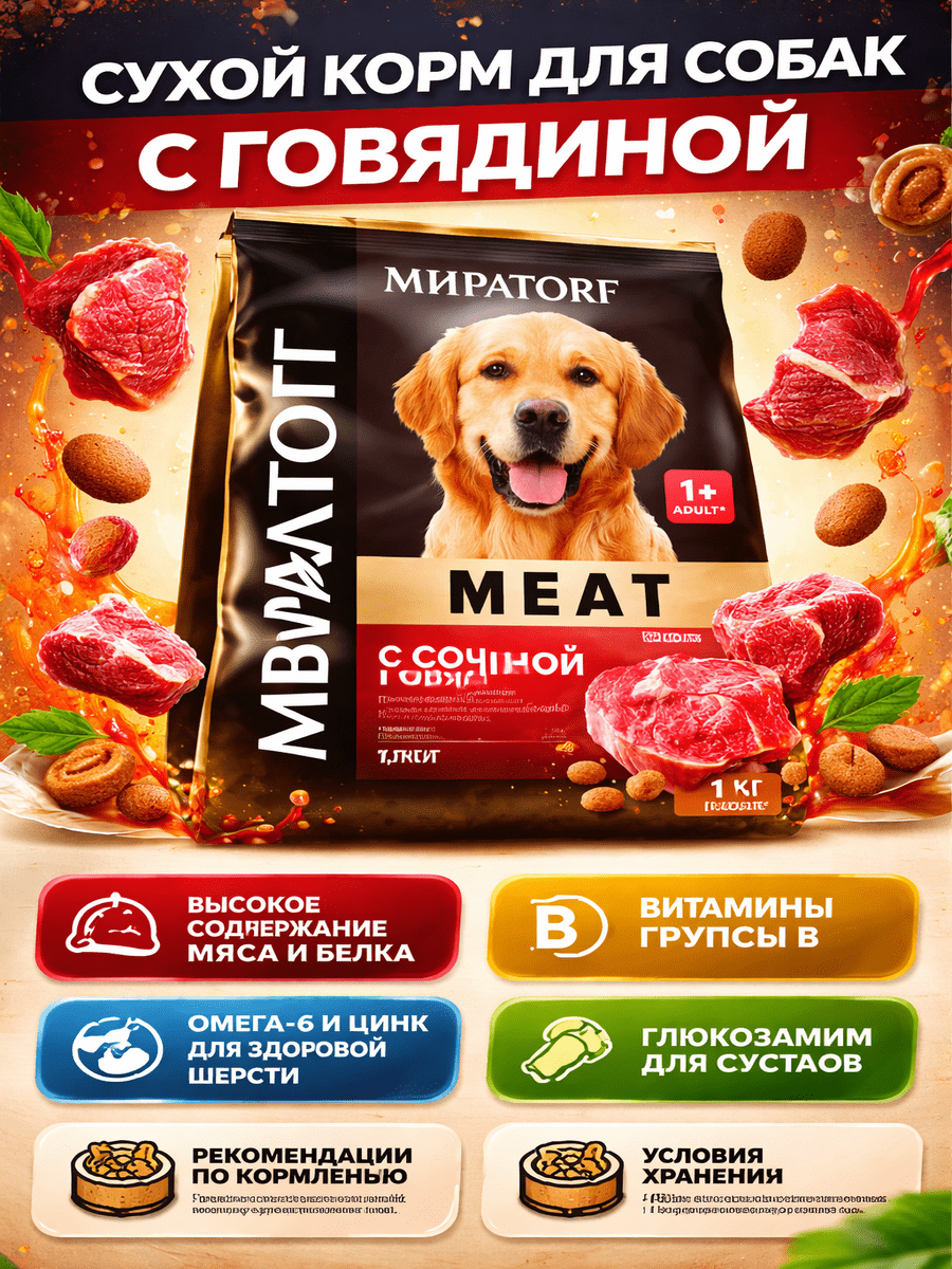 Корм сухой Мираторг Meat для собак с говядиной, 1.1кг
