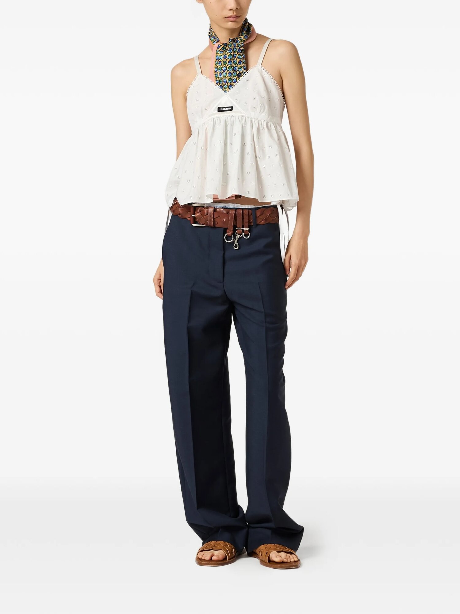 Топ Miu Miu Slubbed eyelet poplin top, размер 44, бежевый/белый — фото 1