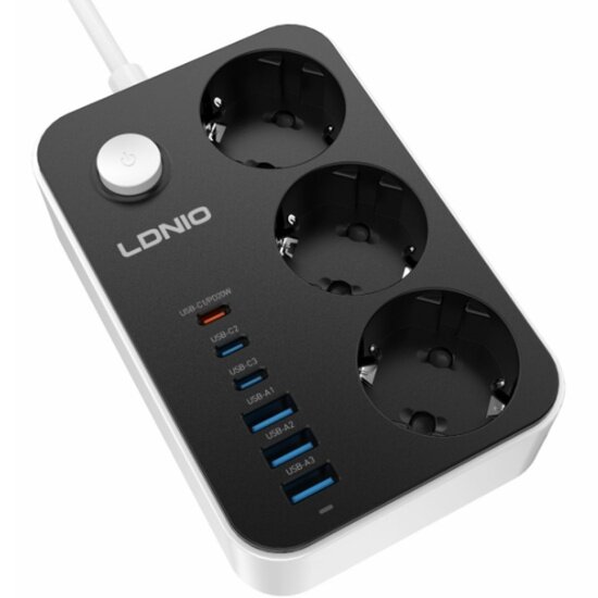 Сетевой удлинитель Ldnio SE3631C 2м, 3 розетки - 2500W, 6 USB: QC 3.0+PD 3.0 20W, Black&Gray