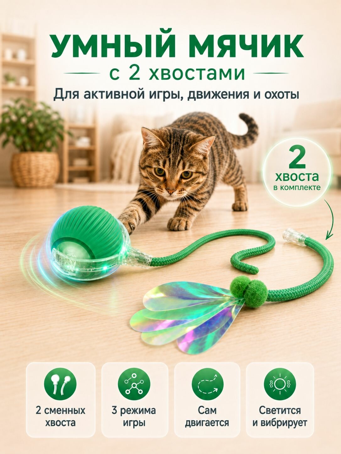Умный мячик с 2 хвостами, интерактивная игрушка для кошек и собак, мяч зеленый