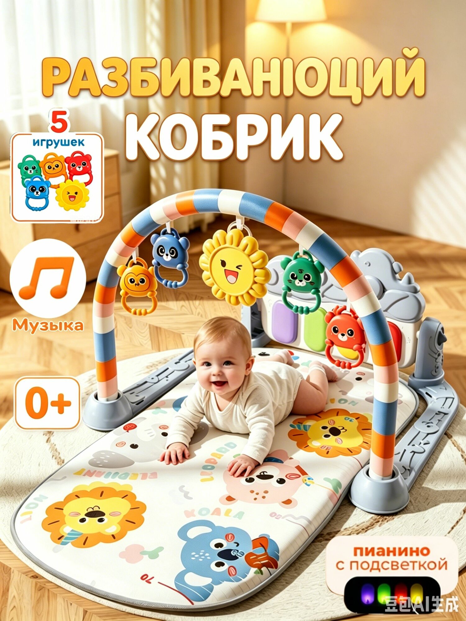 Развивающий коврик; музыкальный с пианино; детский игровой коврик с рождения 0+