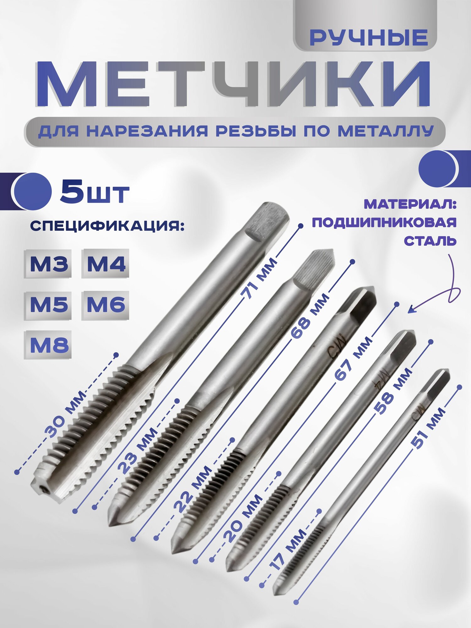 Метчики ручные для нарезания резьбы по металлу М3-М8 , набор 5 шт