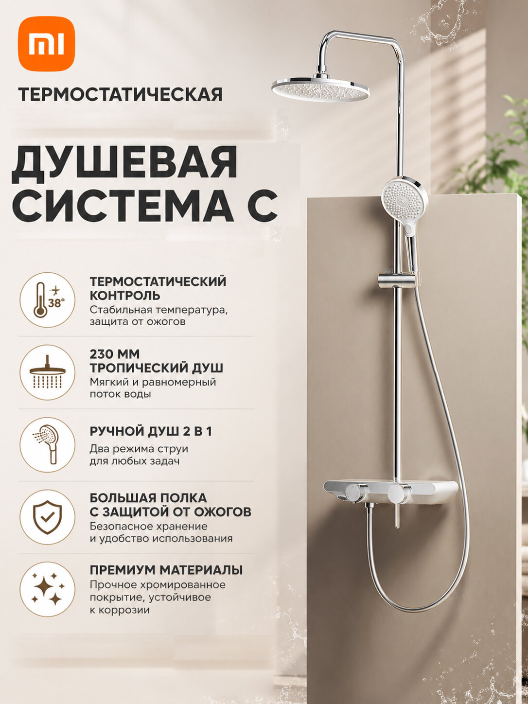 Душевой гарнитур с Xiaomi, MJKWLYHS04DB, 320 мм полка, 3 режима