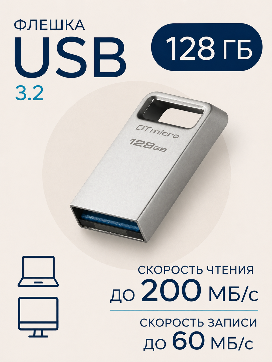 Флешка USB 128 gb Kingston DataTraveler Micro, USB 3.2 Gen 1, серебристый премиум