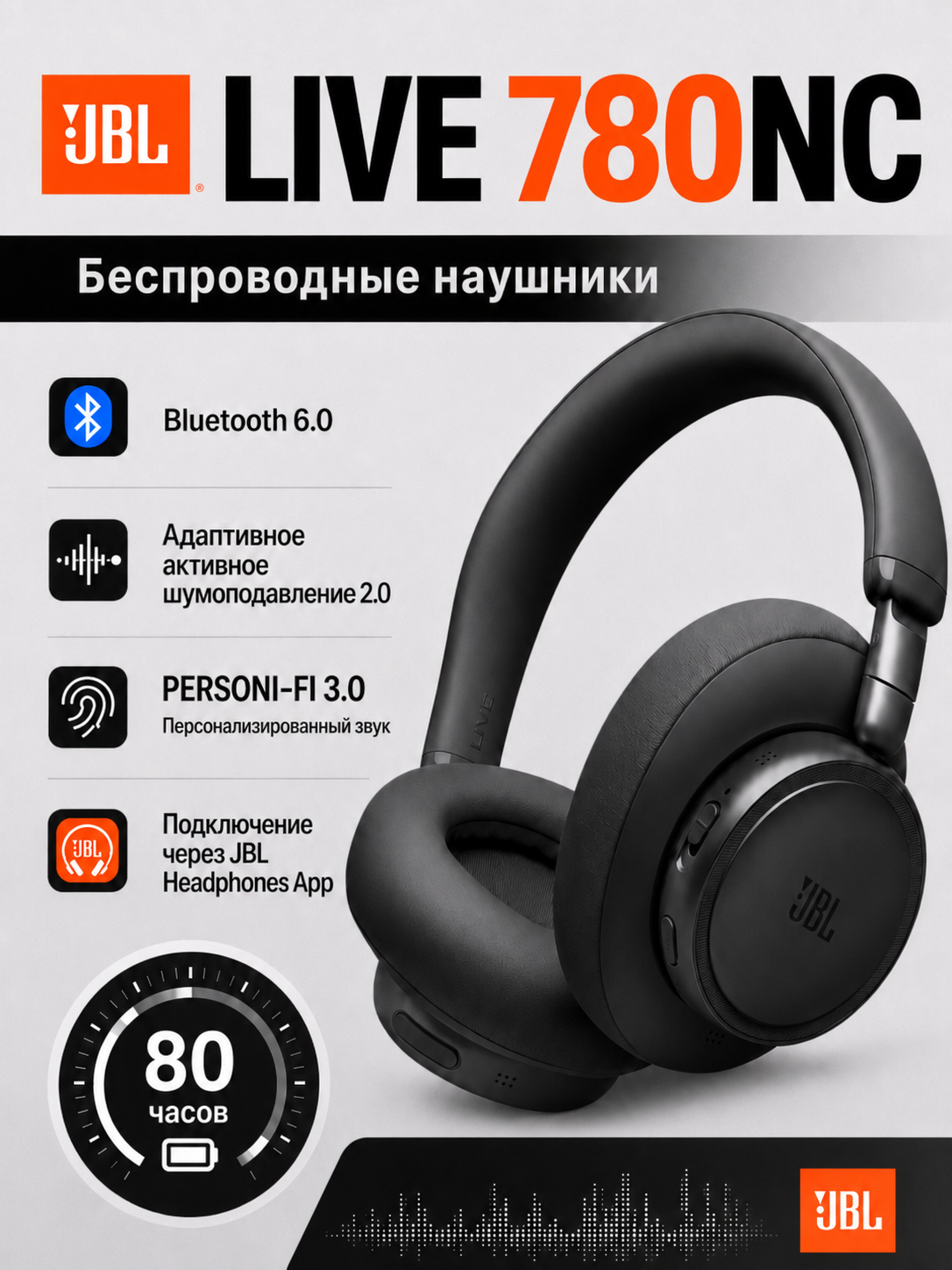 Беспроводные наушники JBL Live 780NC , Hi-Res Audio, адаптивный ANC 2.0, 6 микрофонов, Черный