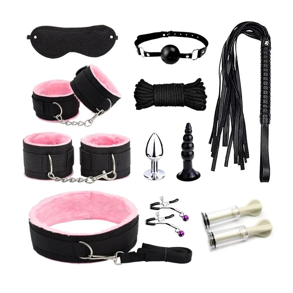 12шт экзотические половые игрушки BDSM Plush Rondage Set Set System System Kit Gag Whip Erotic для женщин, Розовый