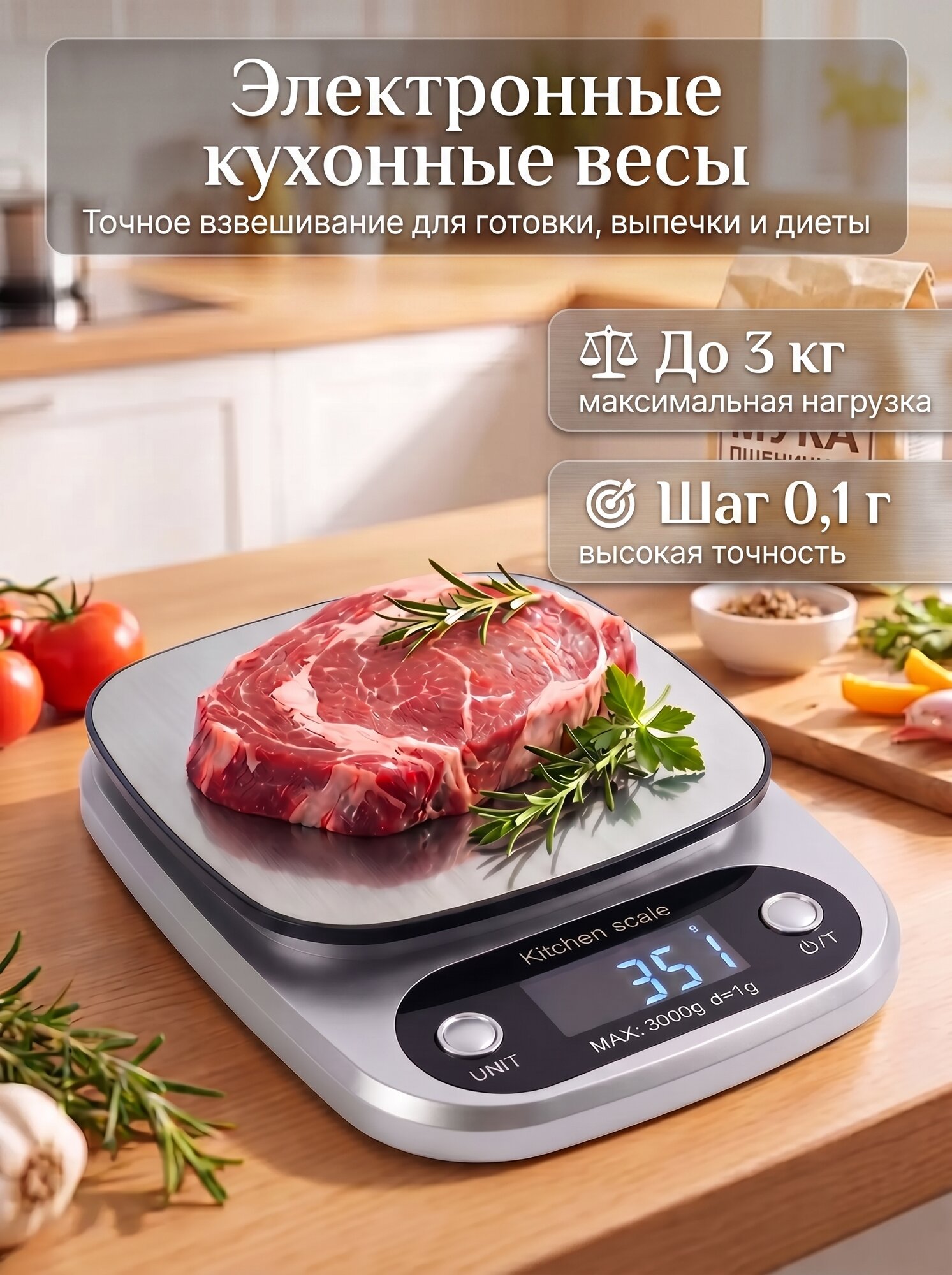 CHARITES / Весы кухонные электронные 5000г, шаг 0.1 серебристые