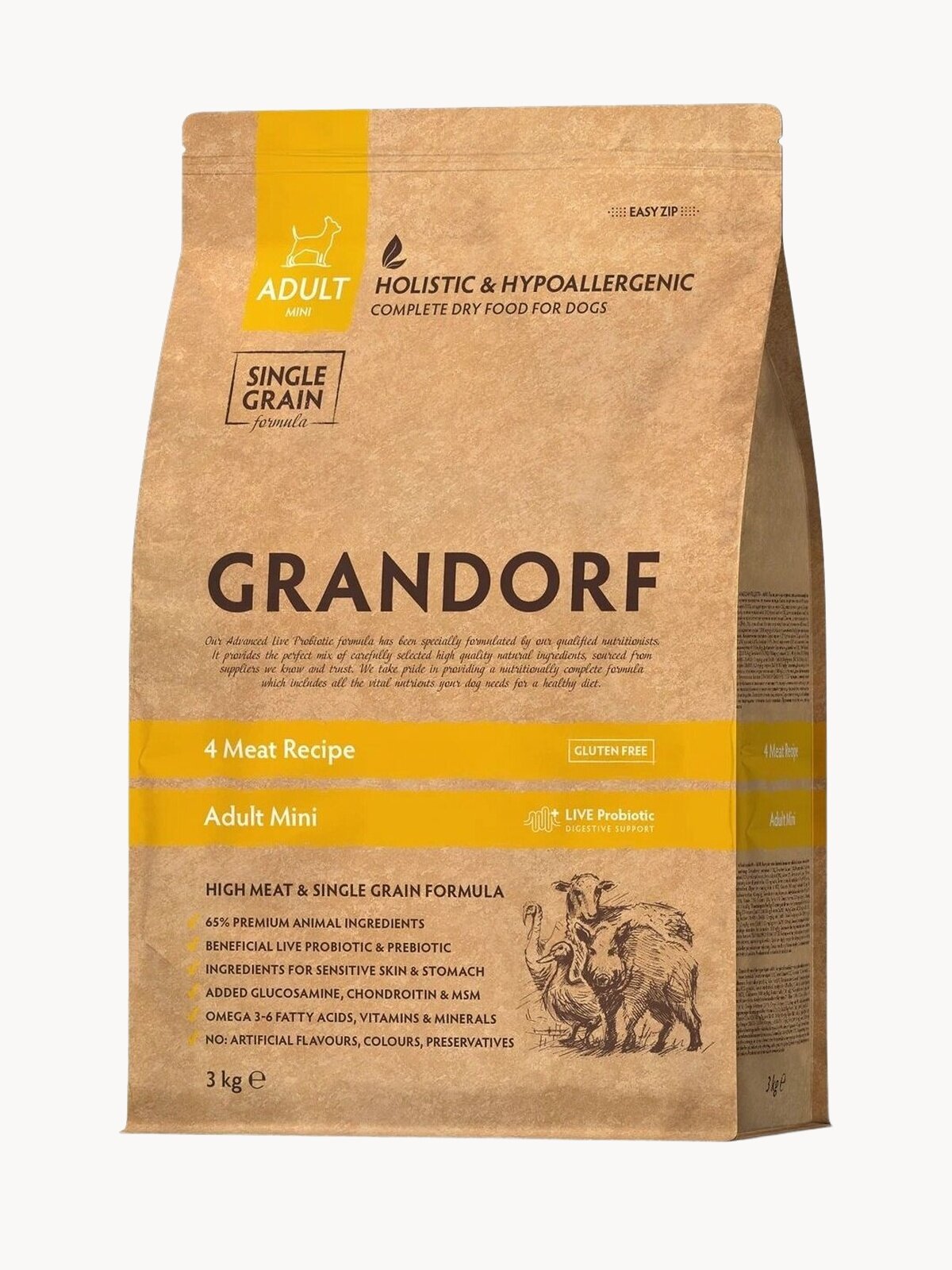 Корм сухой GRANDORF 4 Мяса для собак мини пород от 1 года. 3 кг С пробиотиками, гипоаллергенный.