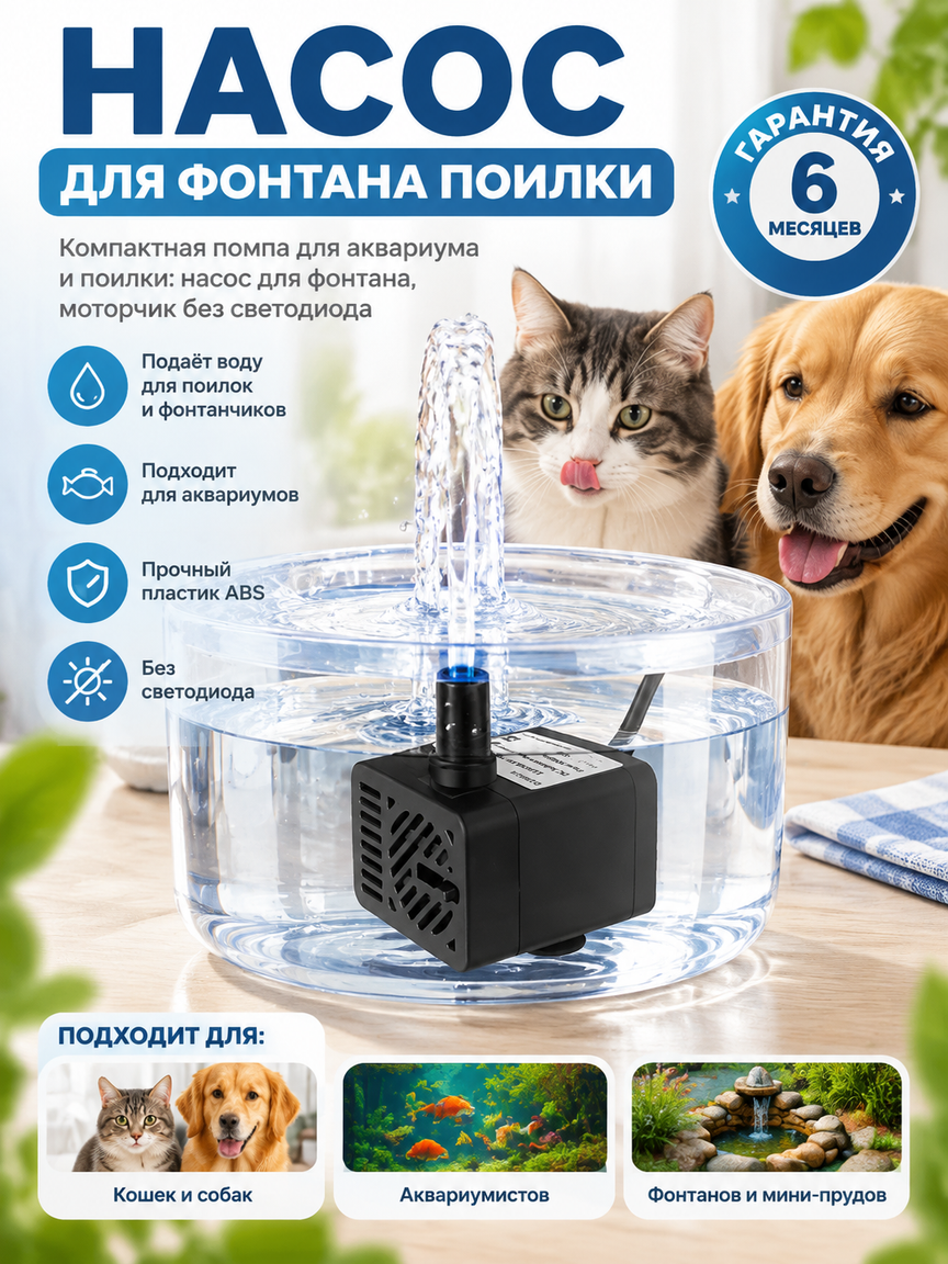 Компактная помпа для аквариума и поилки: насос для фонтана, моторчик без светодиода, черный