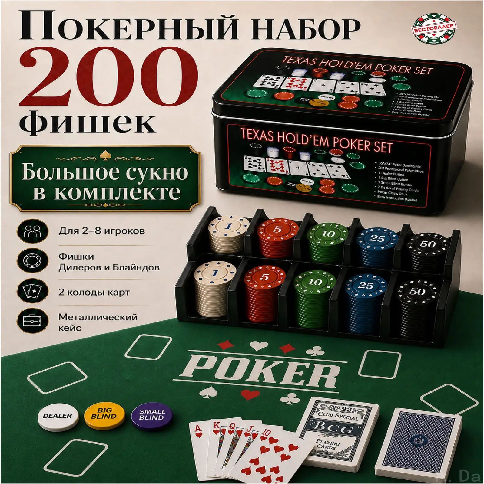 Профессиональный покерный набор 200 фишек в жестяной коробке с сукном и дилером для Texas Holdem