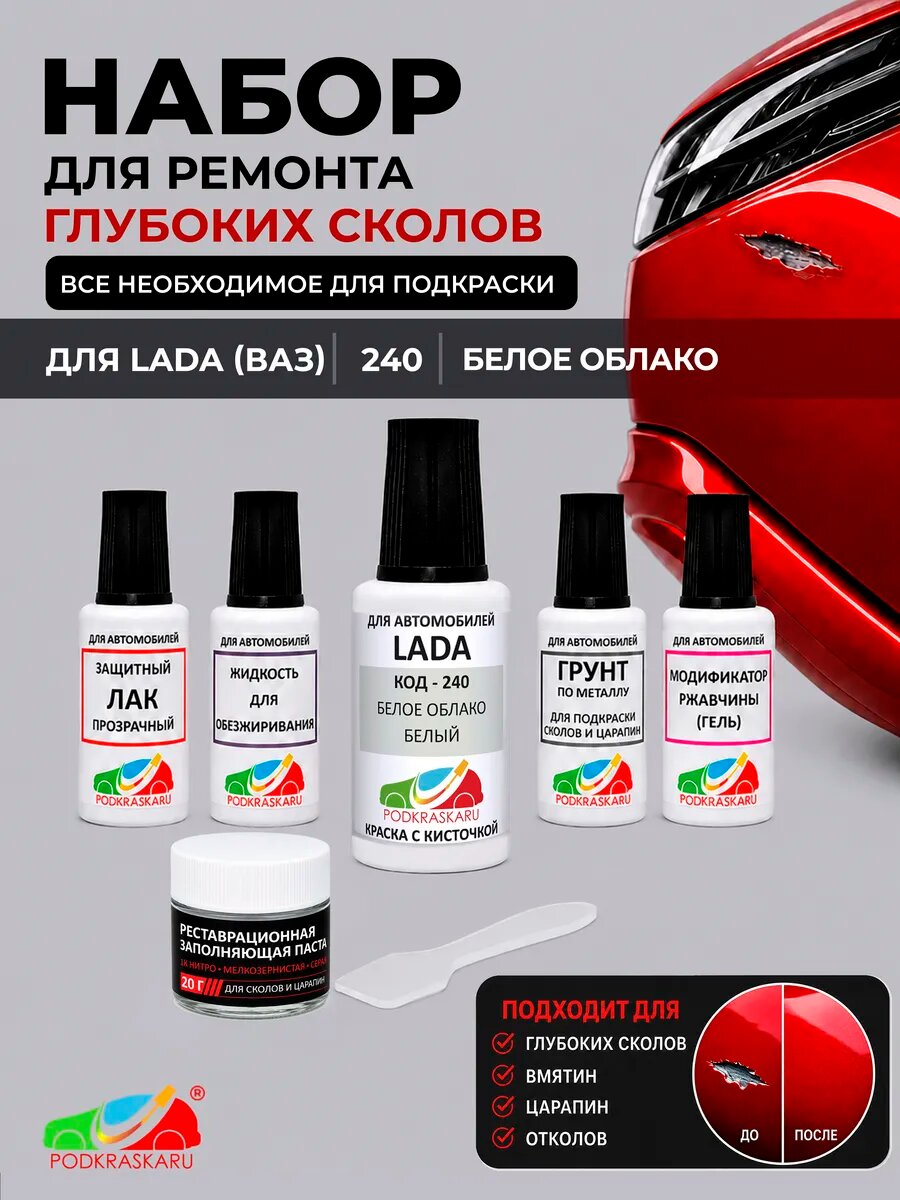 Набор для ремонта и подкраски ЛКП авто, краска автомобильная для LADA 240 - Белое облако