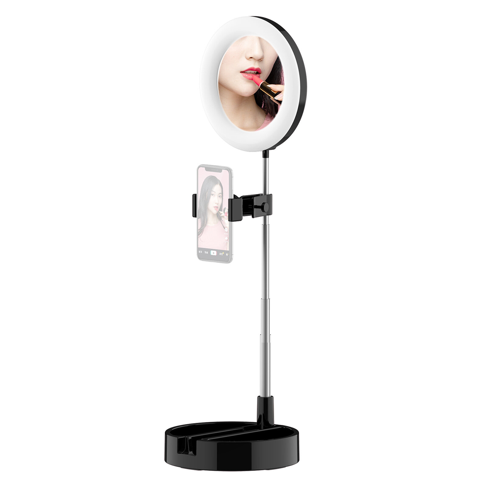 Переносной светодиодный кольцевой свет Foldable Desk Circle Lamp Fill Light с косметическим зеркалом и держателем для телефона 3 цветовых режима и 10 уровней яркости для селфи и видеозаписи Black Pink White 64 светодиодных лампочки 58см 16см