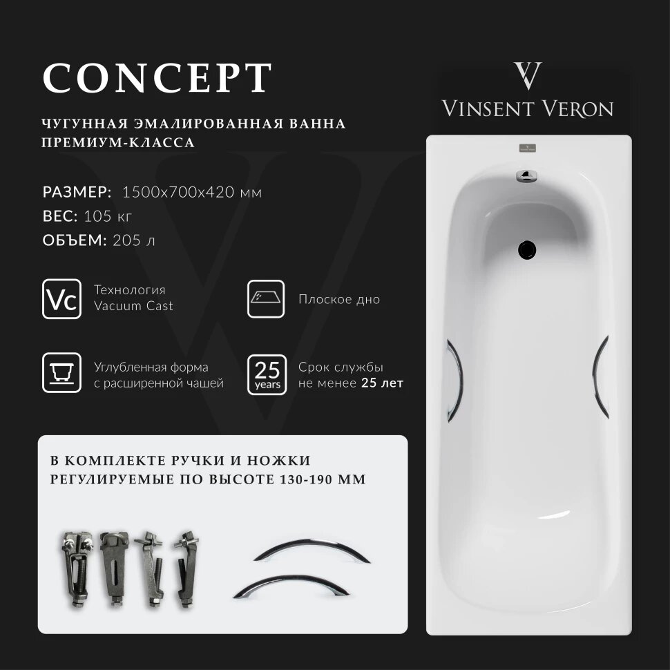 Ванна чугунная Vinsent Veron Concept VCO1507042H/VH0015CH 150x70 см, с ручками, белый