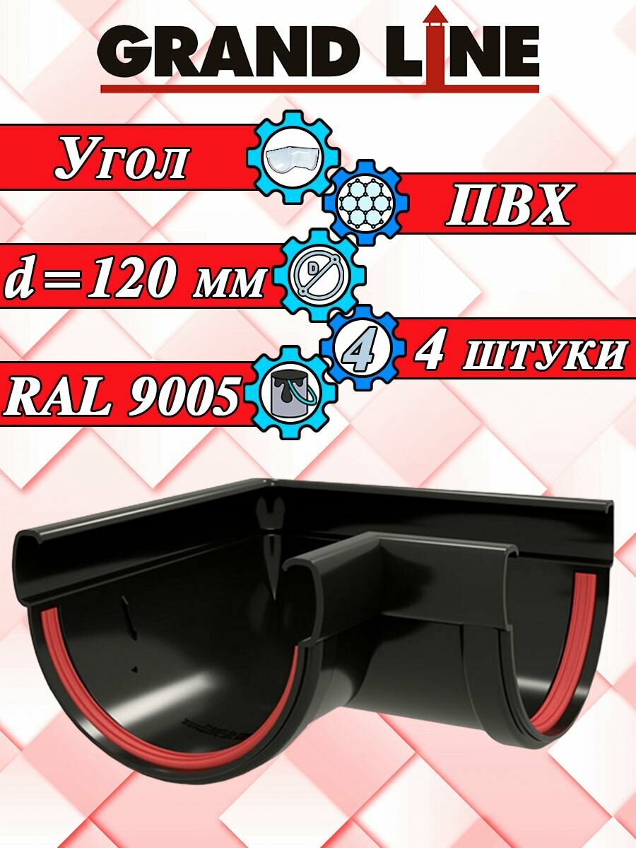 Угол желоба 4 штуки 90 Grand Line внешний/внутренний ПВХ черный RAL 9005 (d 120 мм) для водосточной системы ГЛ (120/90) элемент водостока для крыши