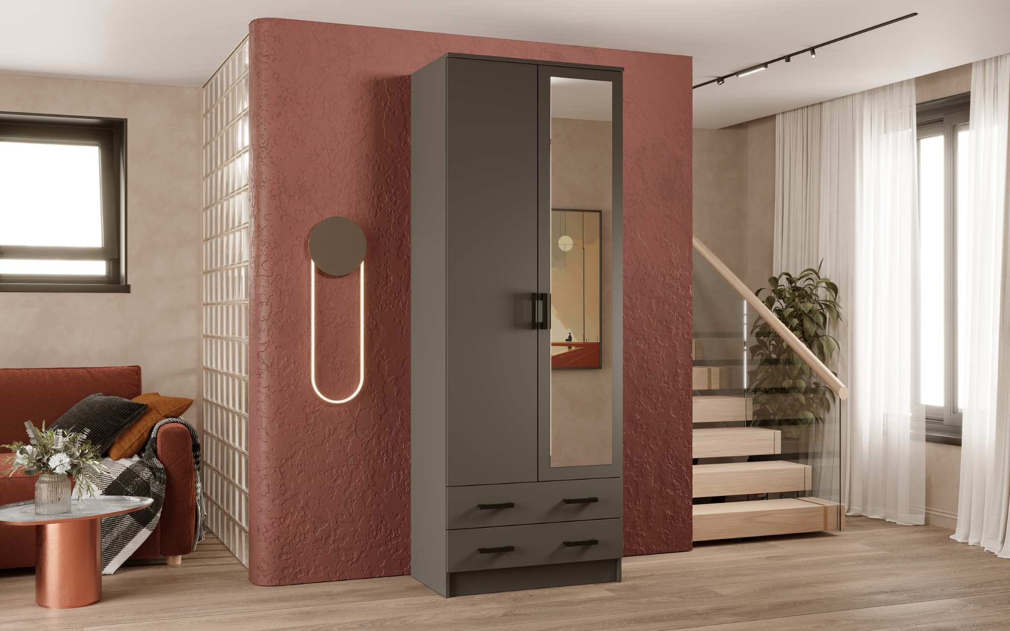 Шкаф Эра Дуэт, распашной, ЛДСП, графит, зеркальный, 2 дверный, 80x220x48,7 см