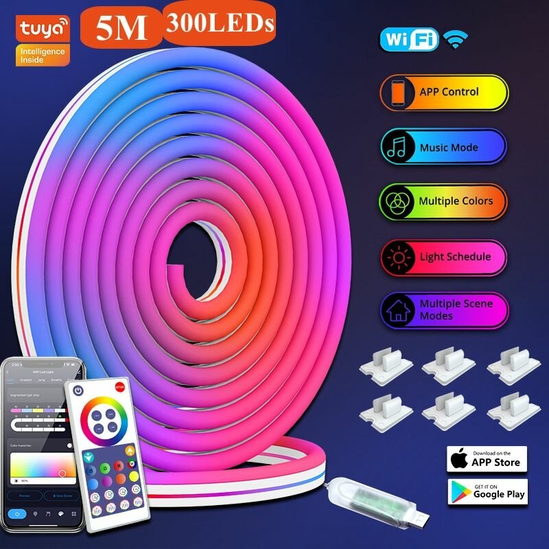 Умная жизнь WiFi фото неоновая веревка, 5 м 300 светодиодов, Светодиодная лента из силикона с питанием от USB, RGBIC, Гибкая лента с управлением через приложение IP67 для самостоятельного стайлинга