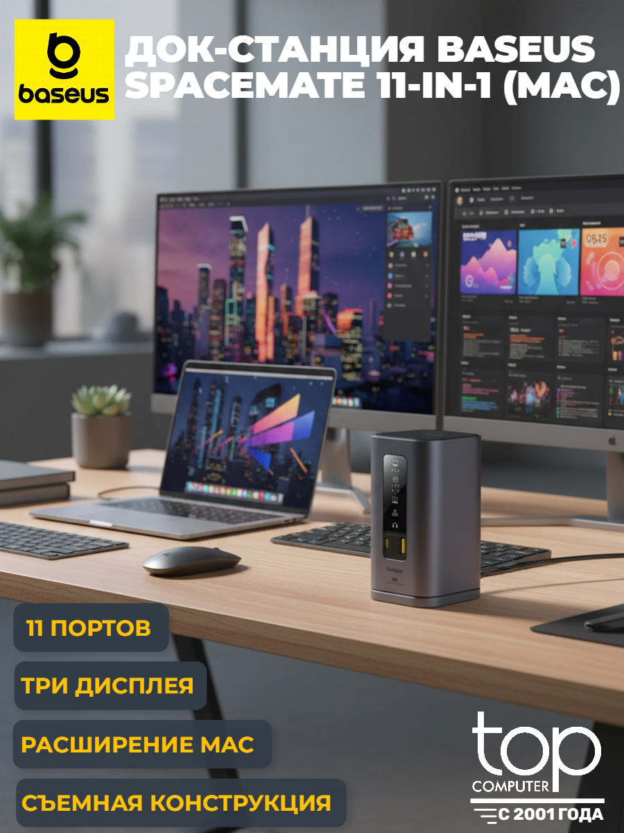 Док-станция Baseus Spacemate 11-in-1 (MAC) 3 монитора, Space Grey (BS-OH175) 12 мес. гарантия