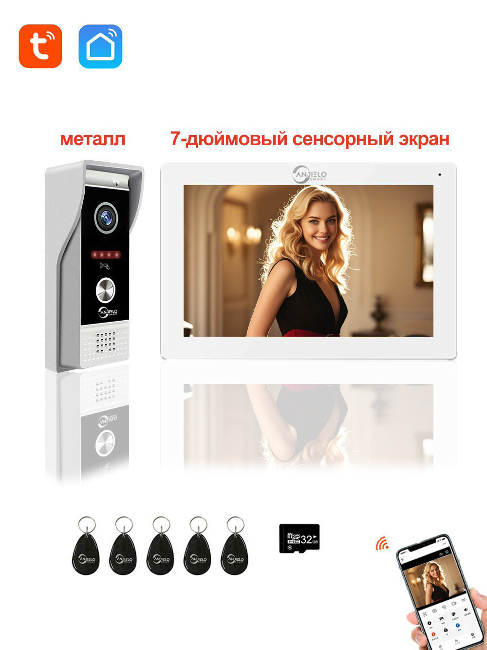 7-дюймовый видеодомофон с сенсорным экраном, IC-картой и водонепроницаемой металлической панелью