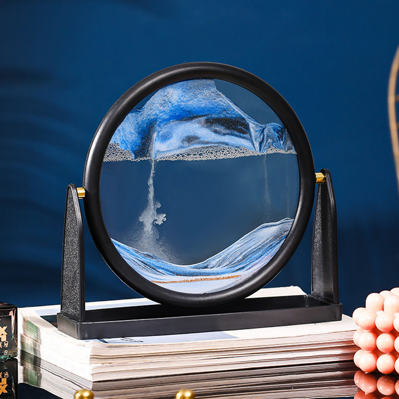 Картина с движущимся песком для оформления океана, 3D глубоководный пейзаж с жидким движением, круглый стеклянный рама для отображения текущего песка, подарок для детей и взрослых, украшение для дома, офиса, рабочего стола, игрушка, материал стекло,