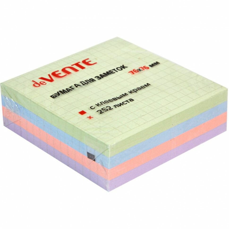 Бумага для заметок deVENTE самоклеящаяся, 76х76 мм, 252 листа, пастельные 4 цвета, в клетку, 75 г/м2 (2010417)