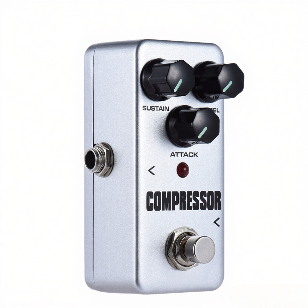 FCP2 Mini Compressor Pedal Portable Guitar Effect Pedal из алюминиевого сплава с входным импедансом 1M Ом, выходным импедансом 10K Ом, питанием от внешнего адаптера 9V DC 300mA, размерами 9.4*5.1*5.3cm, весом 177g, пакетом 10*7.5*6.2cm 206g, в комплекте