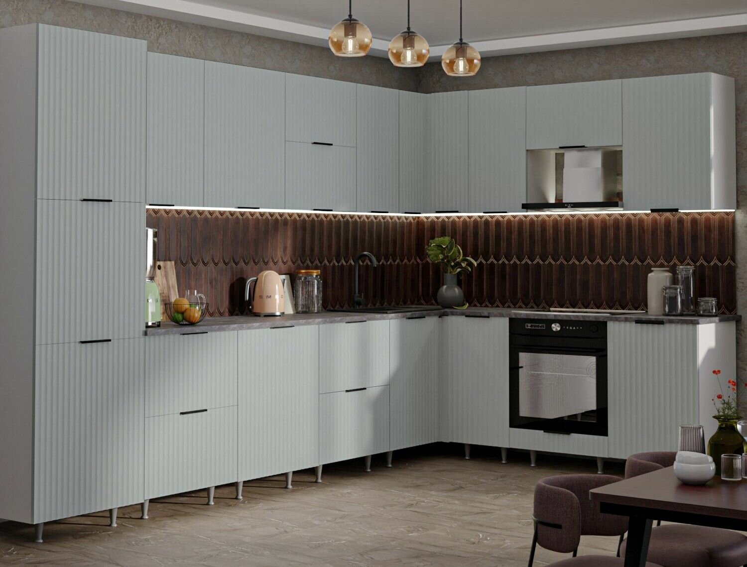 Кухонный гарнитур Турия угловой Ледяной /Белый, со столешницей, МДФ, модульная