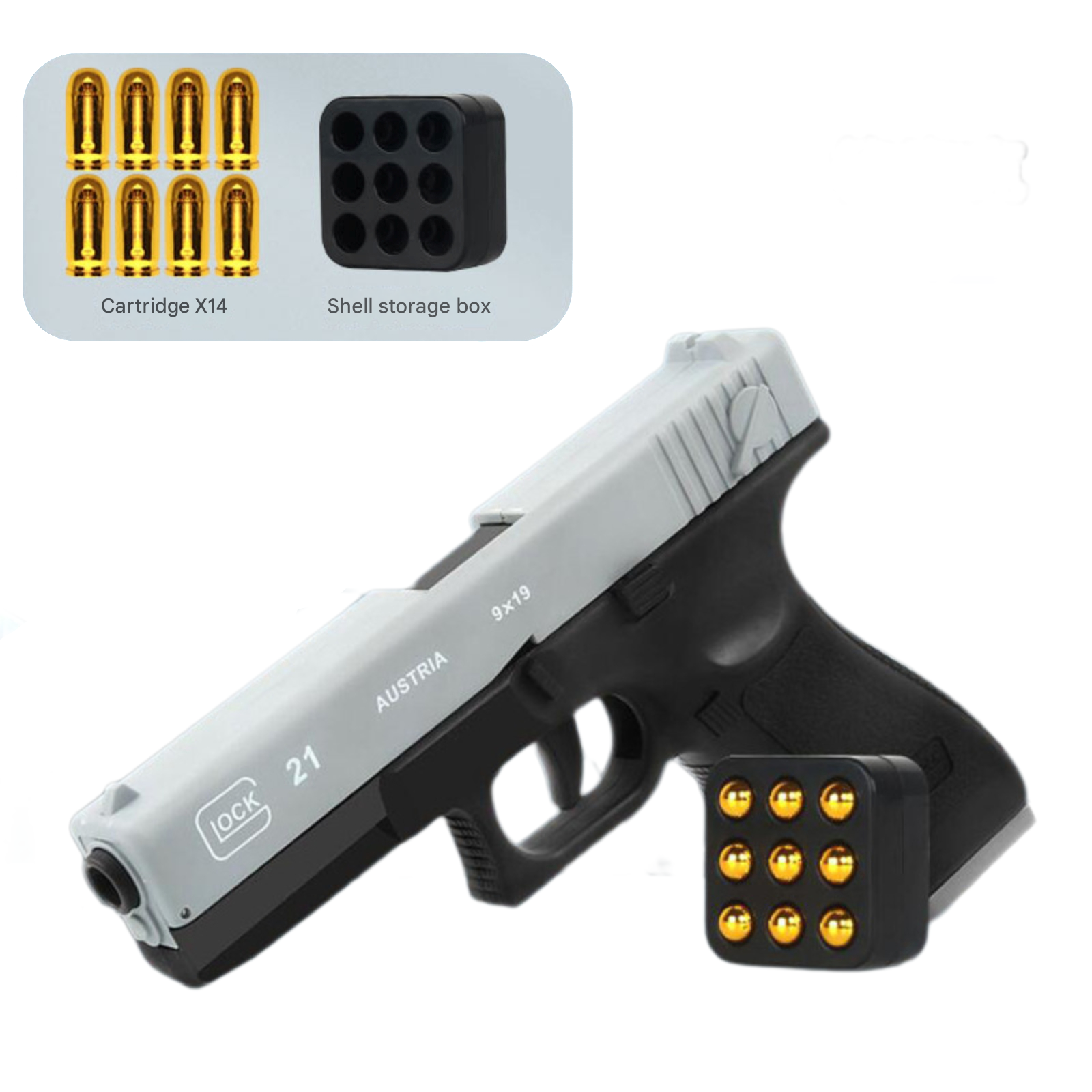 Модель игрушки для выбрасывания оболочек Glock с автоматической катушкой, не подходит для запуска, с коробкой для хранения патронов и 14 золотыми пулями, изготовлена из пластика