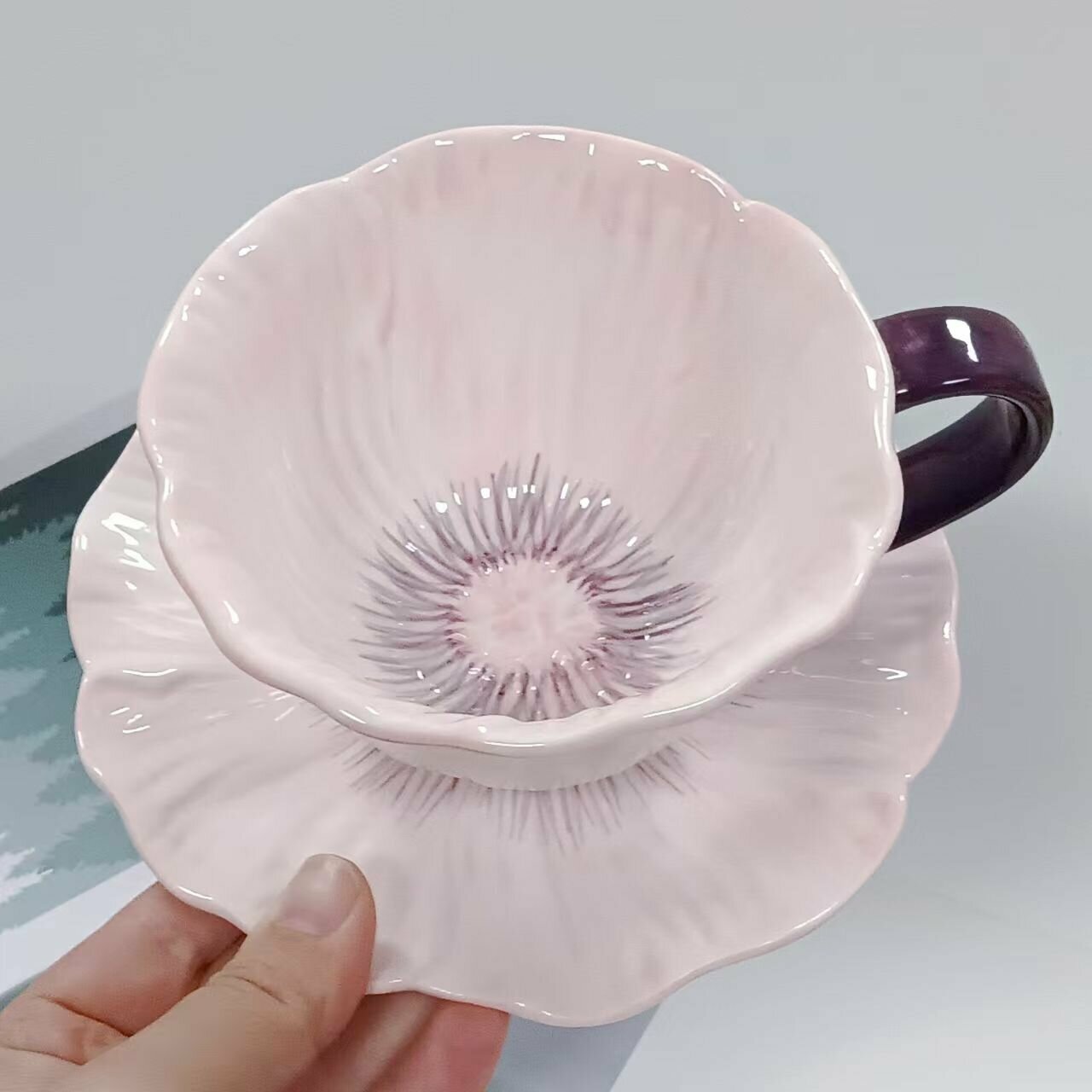 Чайная пара HHODD "Цветок мака", керамика, цвет красный, 290мл, в наборе чашка и блюдце