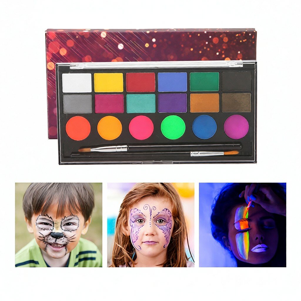 Набор для макияжа лица и тела 18 цветов: 6 обычных красок, 6 жемчужных красок и 6 УФ-светящихся красок с 2 кистями, водная основа, безопасные краски для детей и взрослых, палитра для праздников, Хэллоуин
