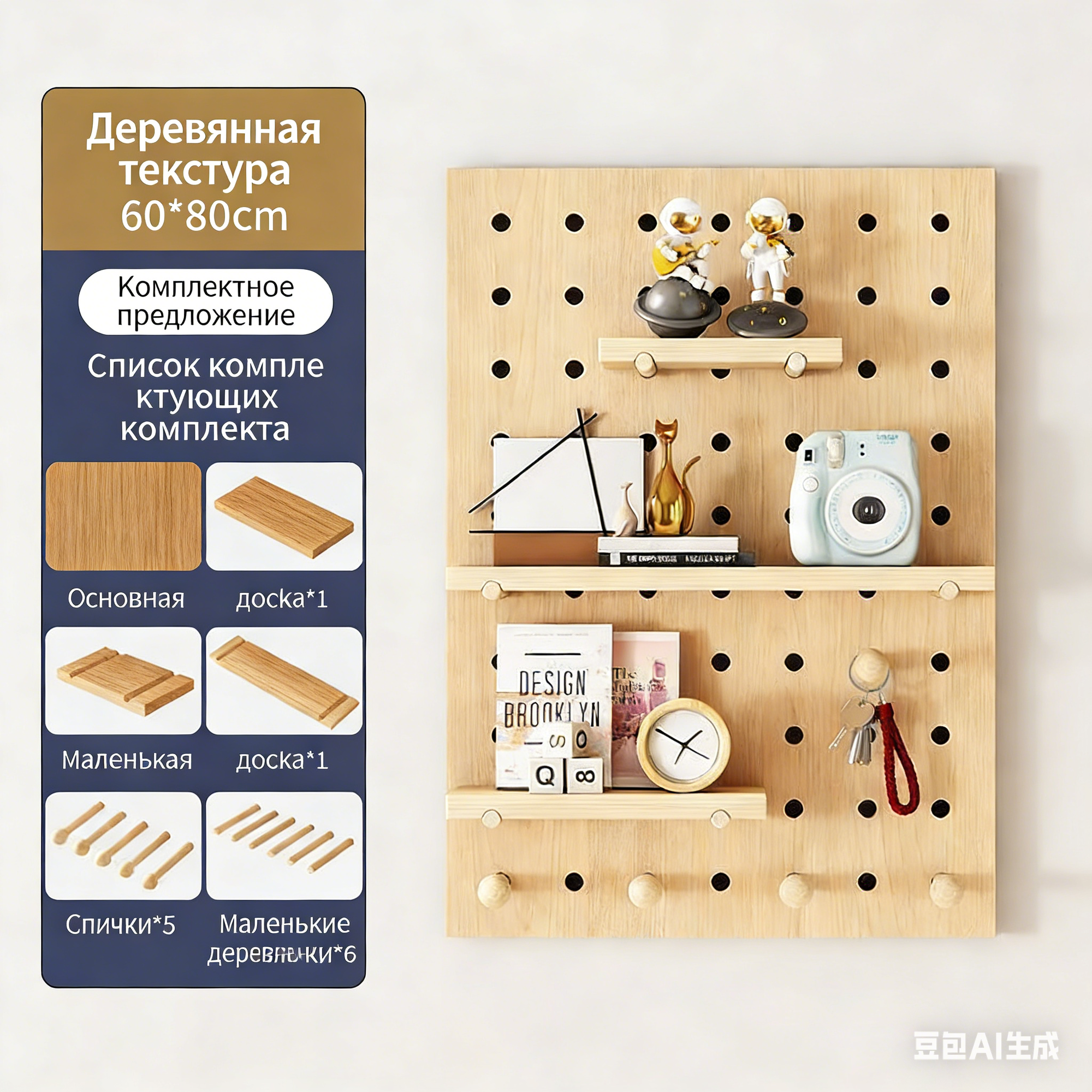 Доска с отверстиями из цельного дерева, настенная полка, настенная подвесная простая фоновая стена для хранения，60*80 cm