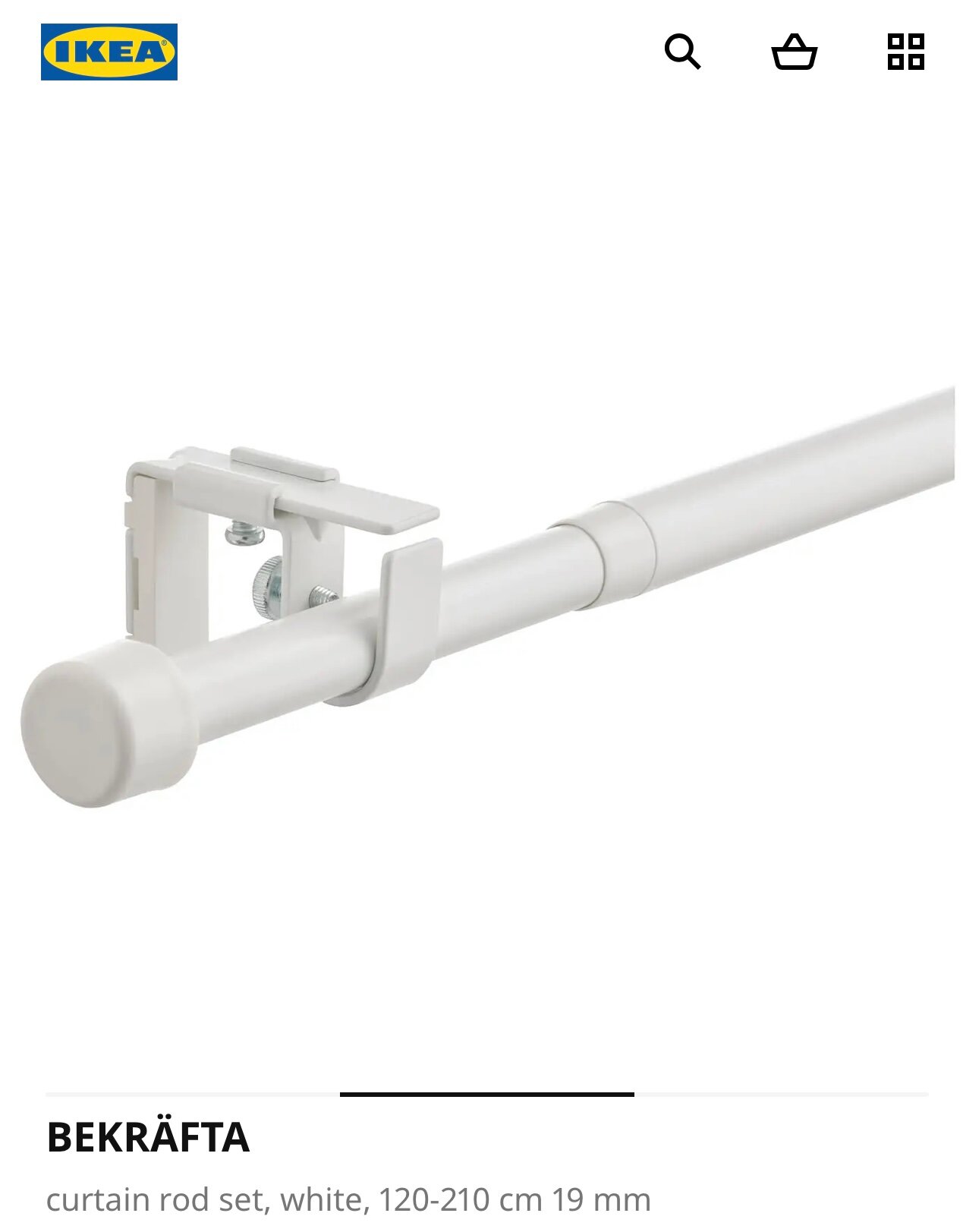 Карниз одинарный BEKRÄFTA IKEA, белый, раздвижной 120-210 см,19 мм, металл