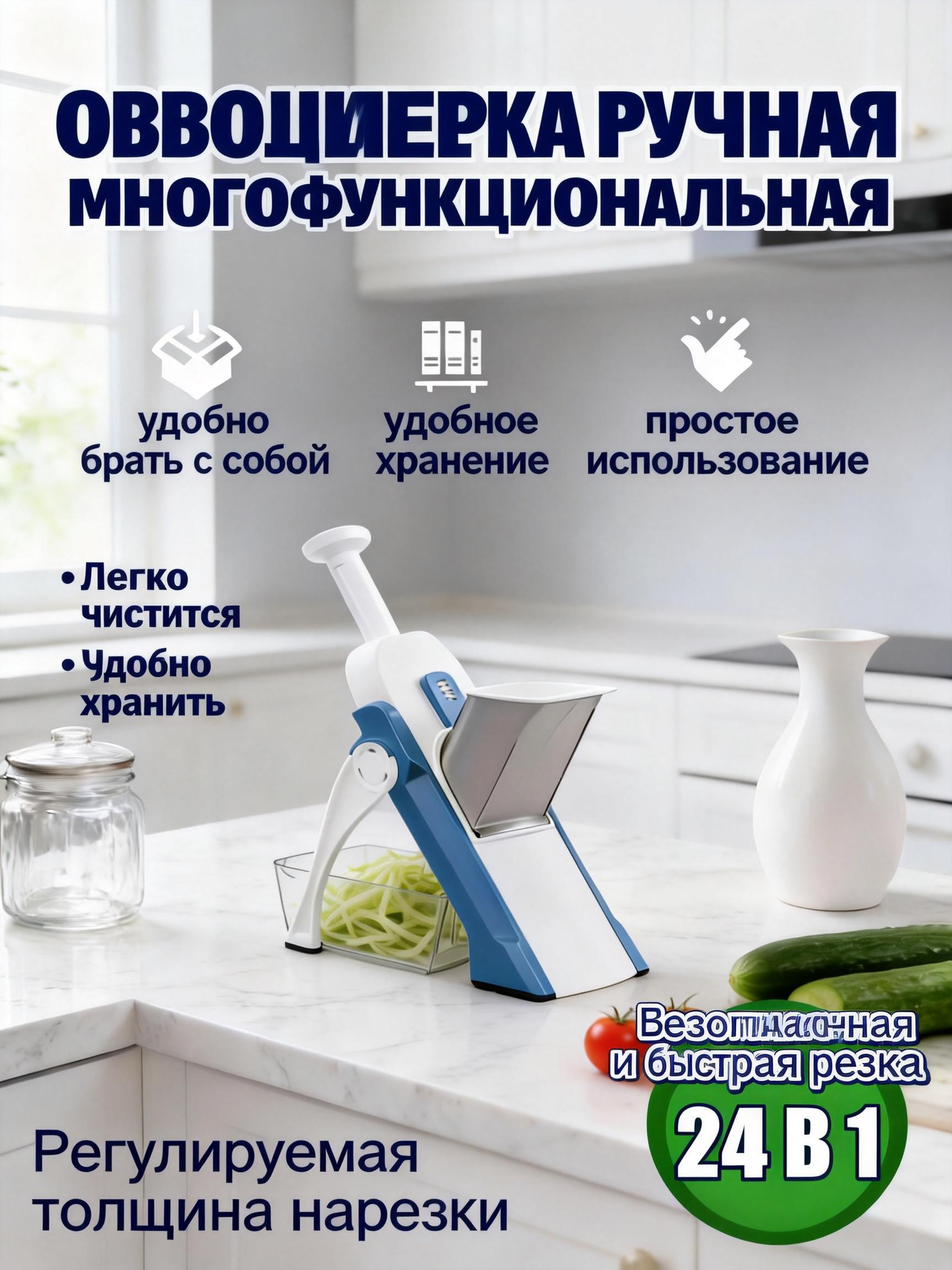 Ручной кухонный комбайн мультирезка 24 в 1 с насадками для измельчения овощей и фруктов / Для шинковки зелени для заготовок (Зеленый Белый)