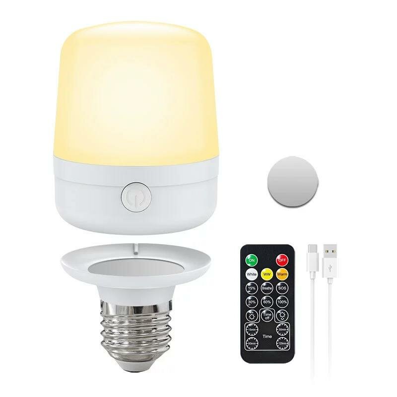 Аккумуляторная лампа с тремя температурами цвета, разъемная магнитная лампа E27, с пультом дистанционного управления и функцией таймера, ночная лампа, настольная лампа, аварийная лампа, 2000mAh батарея, 700 люмен, 3000K теплый белый, 4500K естественный