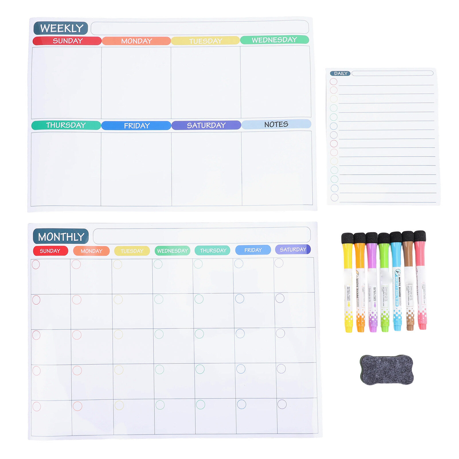 Набор магнитных календарей для письма маркером: ежемесячная, еженедельная и ежедневная доска-планер для дверцы холодильника.