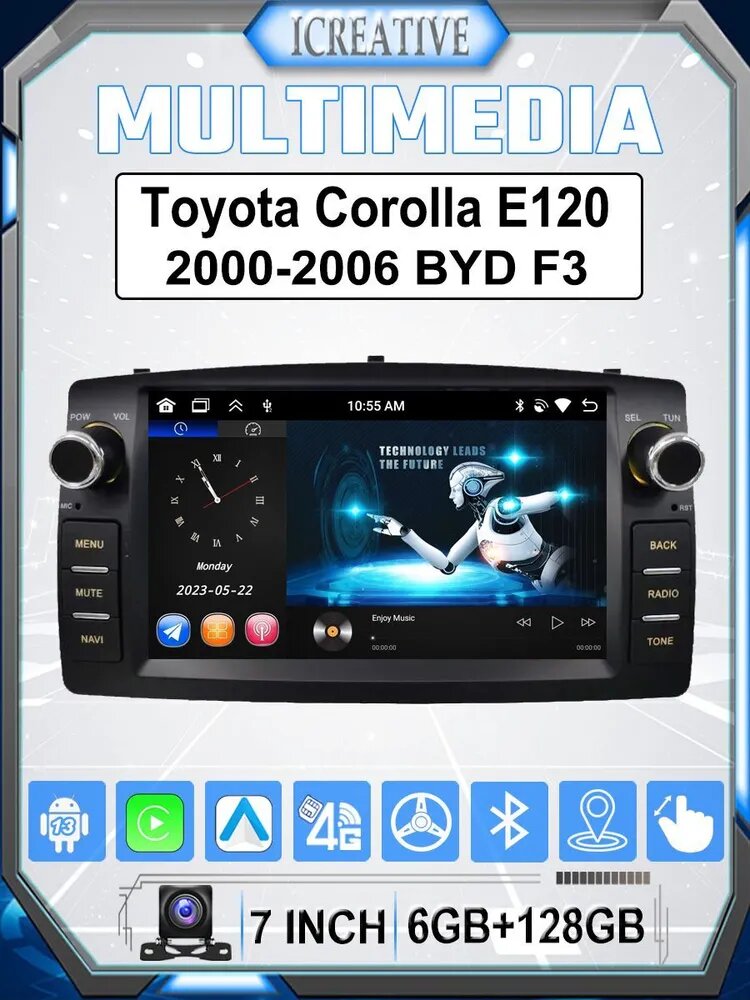 Icreative Автомагнитола, диагональ: 7", 2 DIN, 6ГБ/128ГБ