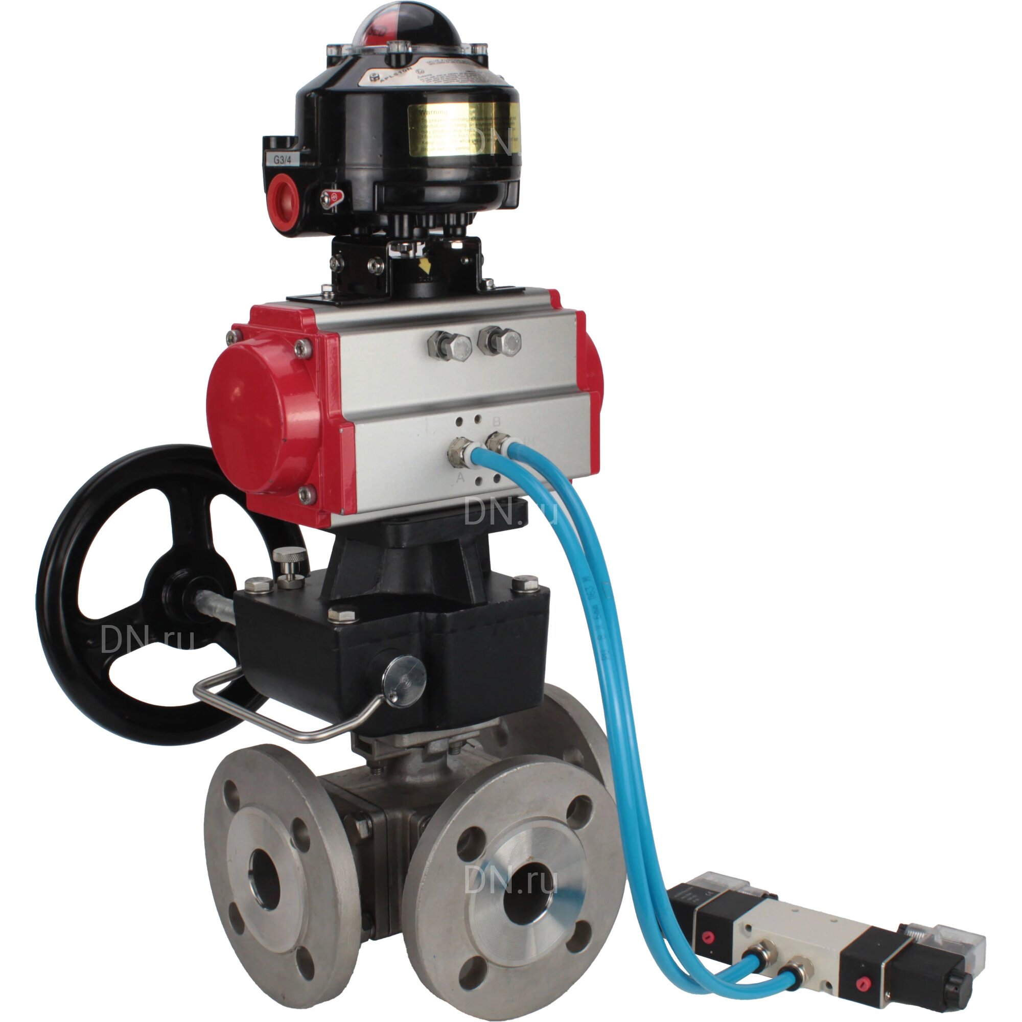 Кран шаровой DN.ru 316-316-PTFE Ду40 Ру16 полнопроходной, тип L, фланцевый, корпус нержавеющая сталь SS316, ISO-фланец F05/F07 квадрат 14х14, с пневмоприводом DA-065, пневмораспределителем S2EM T10-220VAC 220В, БКВ LSB-510-02Ex и ручным дублером HDM-1