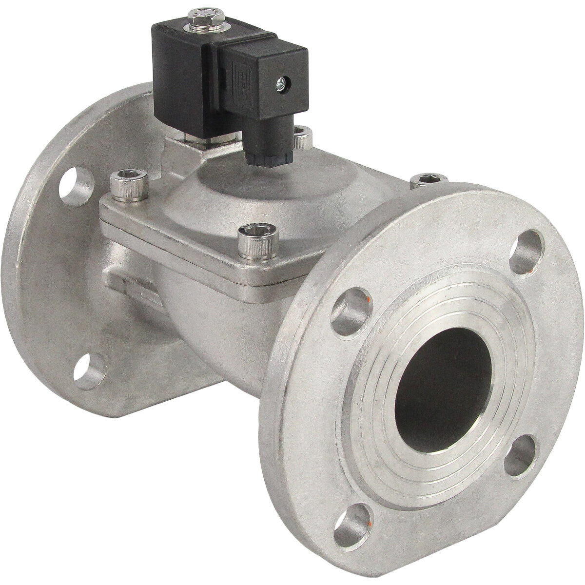 Клапан электромагнитный DN.ru VSF-601V-PU-NC Ду32 Ру10, соленоидный двухходовой, корпус - нержавеющая сталь 304, уплотнение - Viton, фланцевый, нормально-закрытый, пилотный, катушка - 24В DAR (опрессовано)