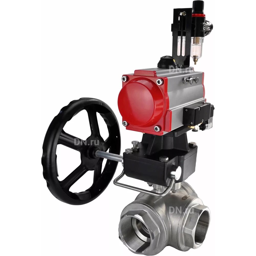 Кран шаровой DN.ru RP. SS316.200. MM.010(-100)-ISO L-тип Ду50 Ру63, стандартнопроходной, нержавеющая сталь 316, PTFE, внутренняя резьба, с пневмоприводом DA-065, пневмораспределителем PND1-S2EM-52-2-T10-220VAC, ручным дублером HDM-1, БПВ APU1-10-40-V08