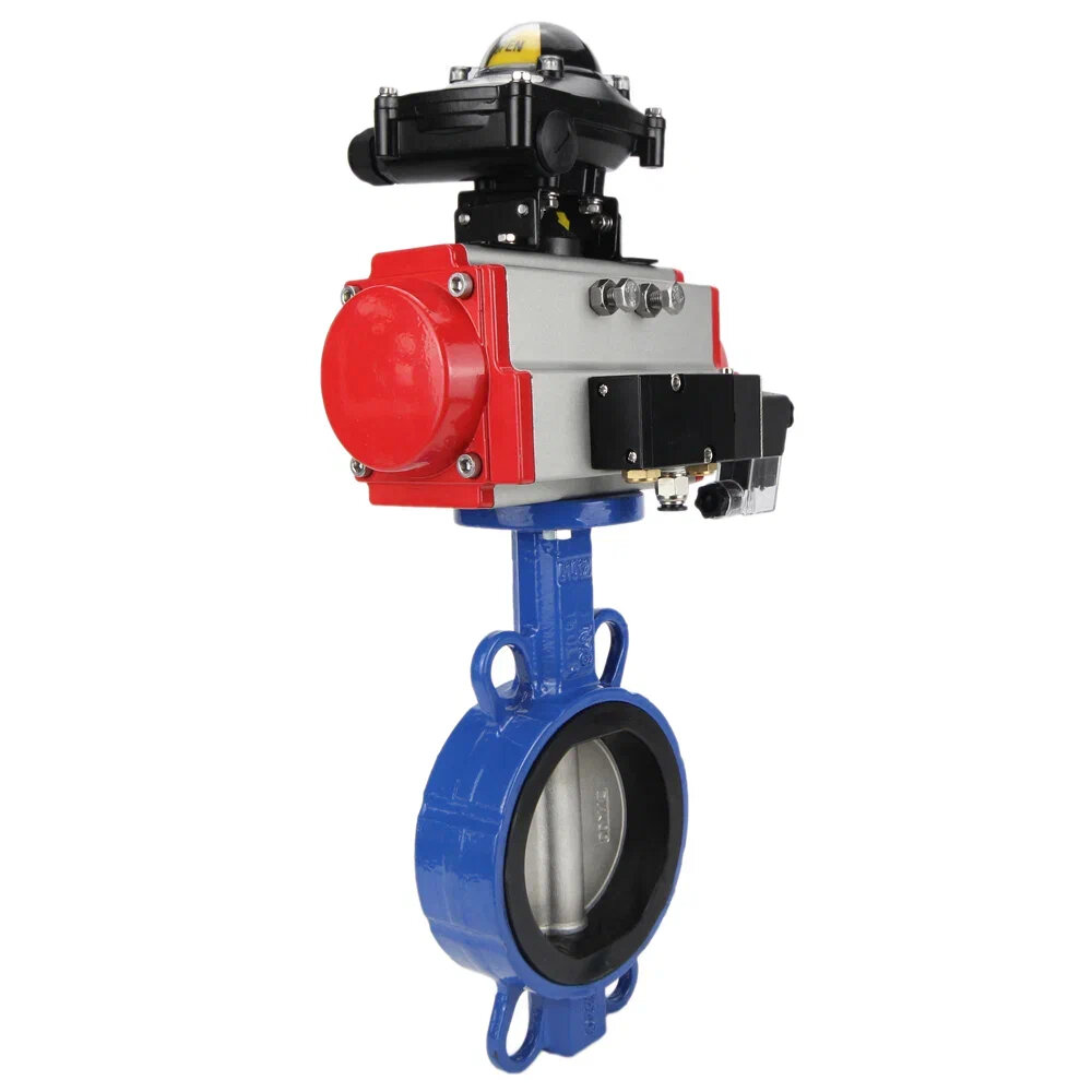 Затвор дисковый поворотный DN.ru WCB-316L-EPDM Ду100 Ру16, корпус углеродистая сталь WCB, диск нержавеющая сталь 316L, уплотнение EPDM, с пневмоприводом DA-083 двойного действия, с пневмораспределителем PND1-S2EM-52-2-T10-220VAC, с БКВ LSB-510-02ExM12-250