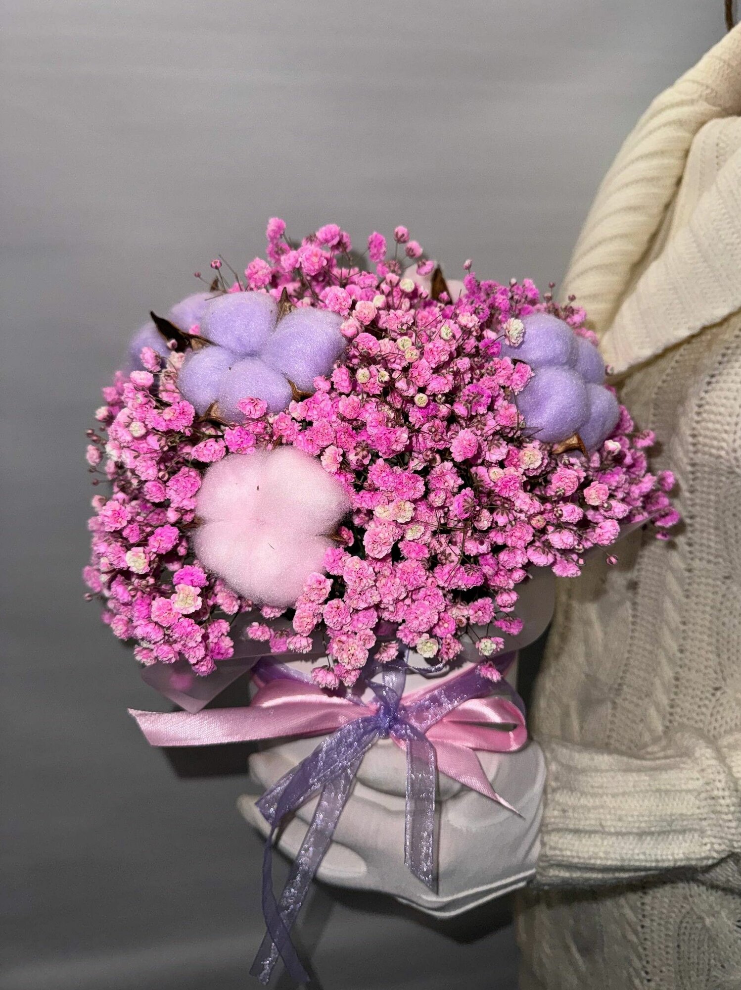 Цветы живые букеты "Розовый зефир"/ Гипсофила, Хлопок / Микс из 11 шт