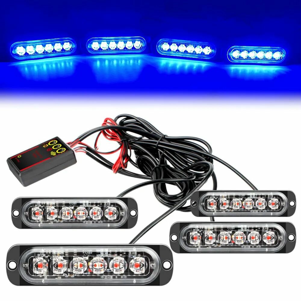 4шт Синий светодиодный стробоскоп для автомобиля, 6 светодиодных мигалок на решетке радиатора, Сигнальные огни для автомобиля, 12 В/24 В