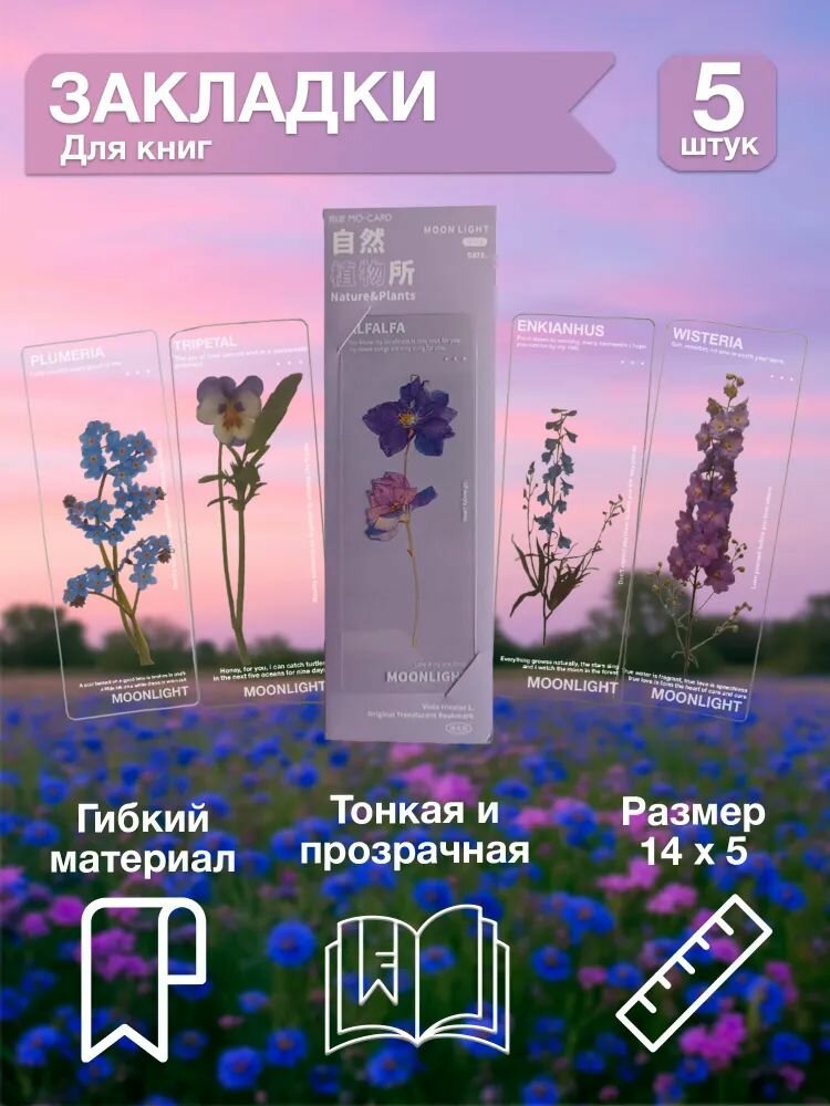 Закладки для книг с сухими цветами, прозрачные, комплект 5 шт