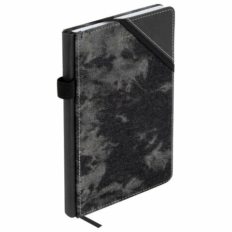 Блокнот А5 135x210мм BRAUBERG Denim, ткань/экокожа, резинка, держатель, 80л клетка, черный, 117140