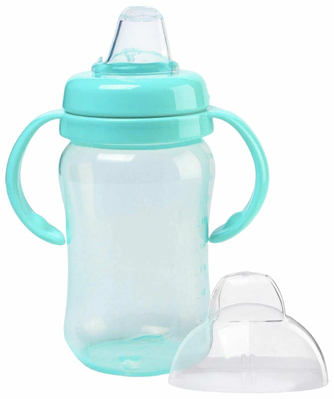 Детский поильник-непроливайка с мягким силиконовым носиком и удобными ручками для малышей, бутылочка с широким горлышком и защитным колпачком, 270 мл, цвет бирюзовый
