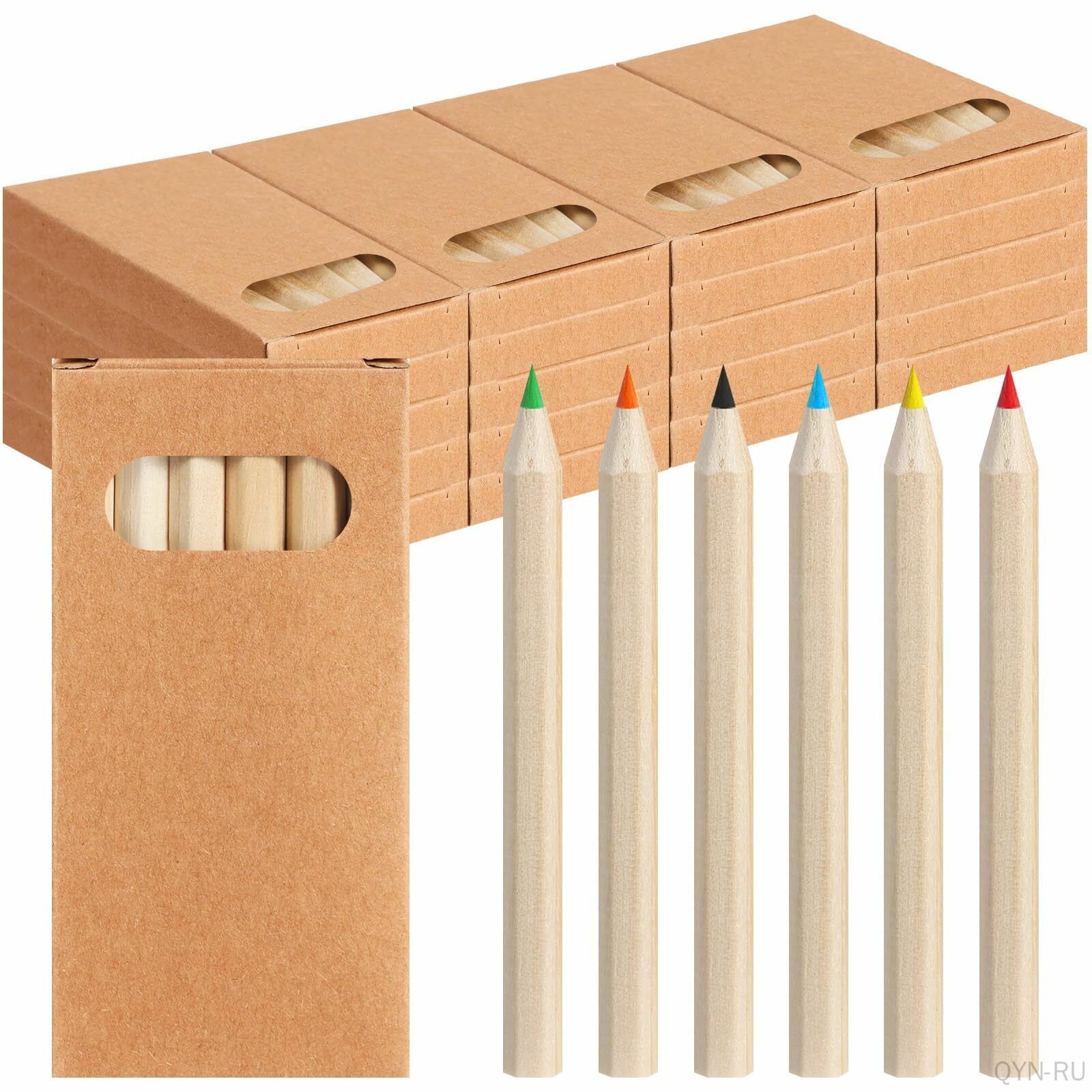 Двадцать коробок мини-цветных карандашей для детей в качестве подарка на вечеринку, по шесть штук в крафт-коробке, короткие предварительно заточенные,