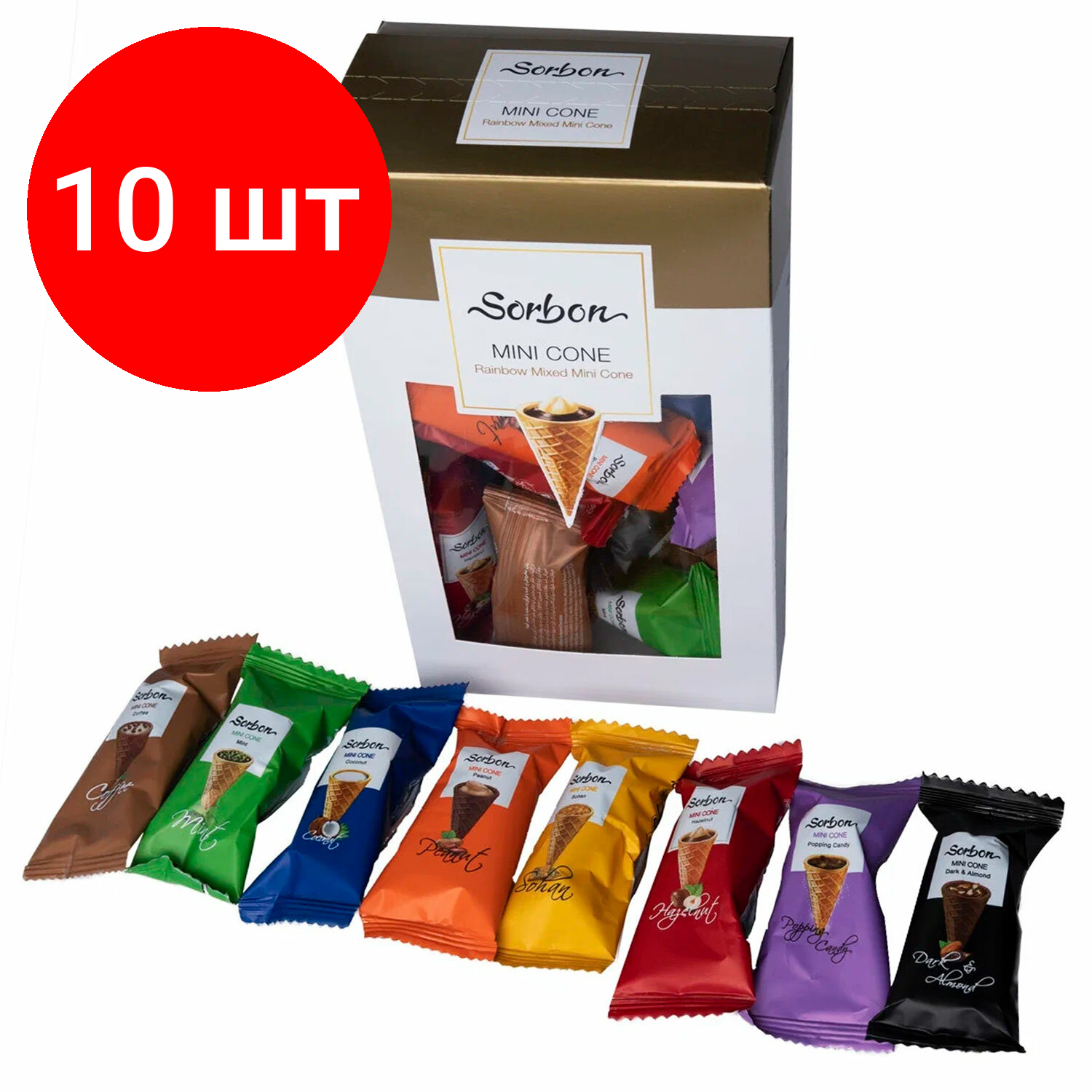 Комплект 10 шт, Конфеты мини-рожки в индивидуальной упаковке SORBON "Ассорти Радуга", 350 г