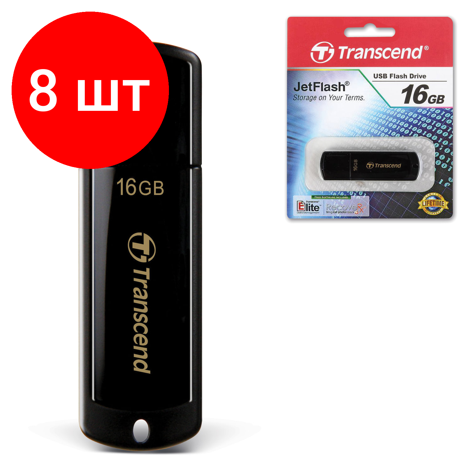 Комплект 8 шт, Флеш-диск 16 GB, TRANSCEND Jet Flash 350, USB 2.0, черный, TS16GJF350